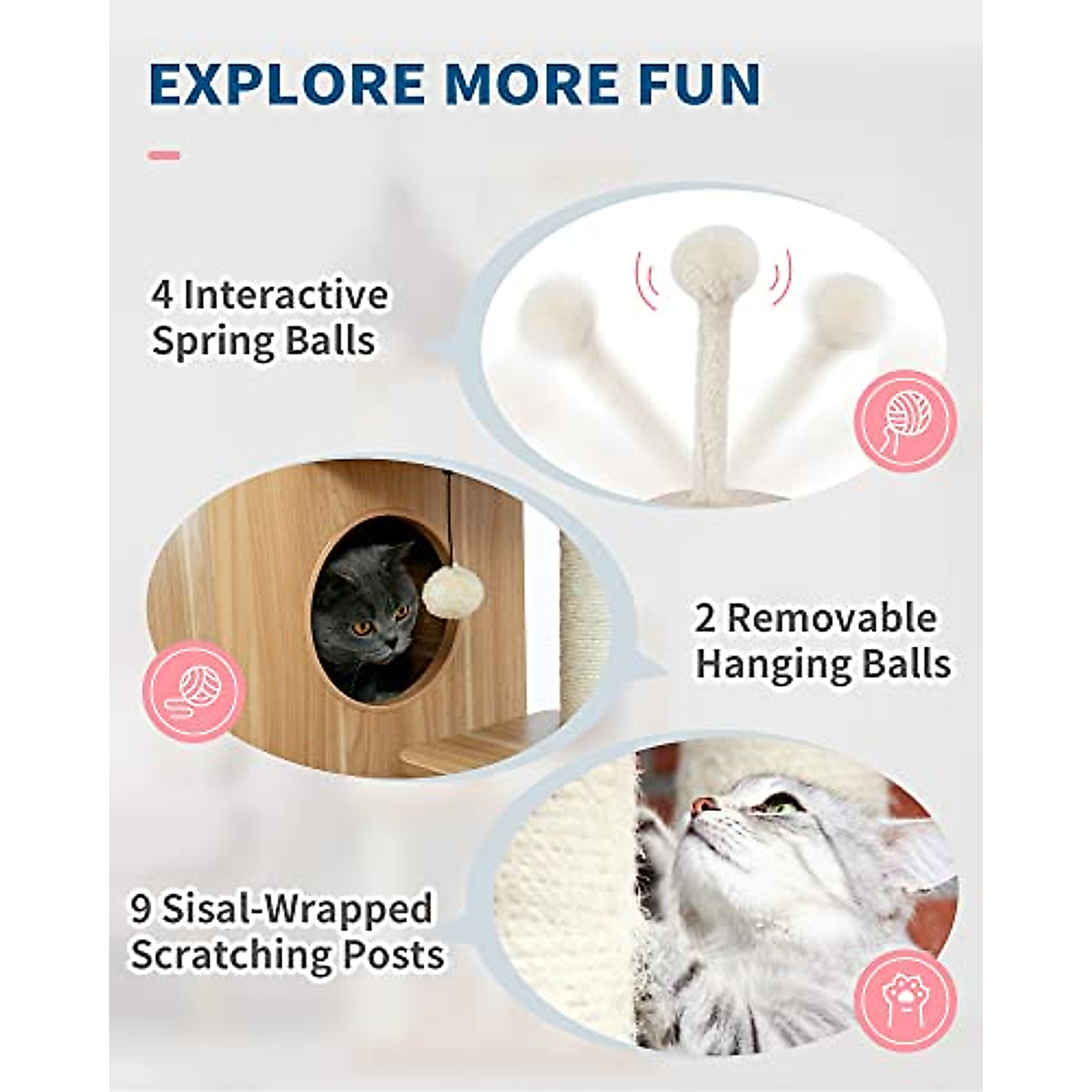 Made4Pets Modern Cat Tree for Large Cat, Wood Cat Tower Heavy Duty with Scratch Post for Indoor Big Cats, 51" Extra Tall Cat Condo Sturdy Frisco Castle with Clear Bowl for Kittens Maine Coon 20Lbs