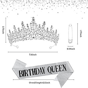 Birthday Crown Sash for Women Happy Birthday Queen Sash Crystal Birthday Tiara Crowns for Girls Rhinestones Headband Gift Party Birthday Decoration Set (Silver) Summer