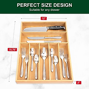 Bellsal Natural Utensil Organizer 12.5 Inch Silverware Organizer for Drawer Utensil Holder Cutlery Organizer Kitchen Drawer Organizer 7 Compartment Small Narrow Bamboo