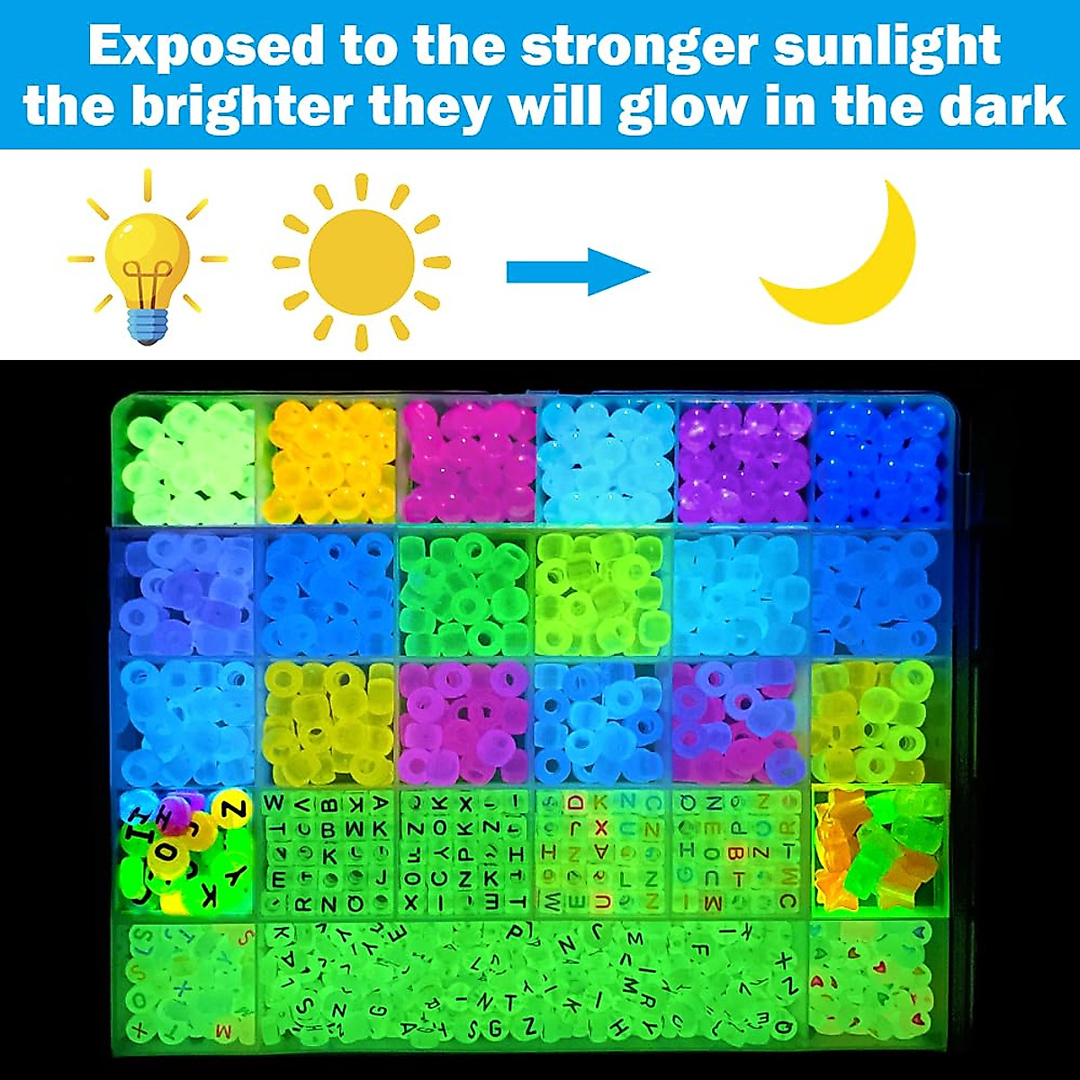 DULEFUN Glow Beads Bracelet Making Kit, Glow in The Dark Pony Beads Letter Beads Heart Beads for Bracelets Jewelry Making Luminous Plastic Glow Beads DIY Craft Gifts for Girls Kids Adults