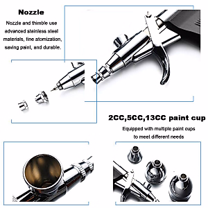 RJ-Global Double Action Airbrush Kit, Trigger Air Brush Spray Gun with 0.3, 0.2, 0.5mm Needles, 3 Sets Nozzles, Air Cap, 2cc/5cc/13cc Paint Cup, Air Hose, for Tattoo, Makeup, Nail, Model, Art Hobby