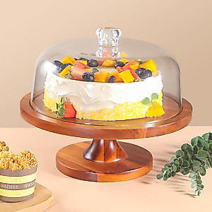 Wehome Cake Stand with Dome，Acacia Wood Cake Stand with Acrylic Lid，Footed Cake Stand Cake Pedestal Stand with Cover，Cake Plate Cake Holder Cake Displaying Stand(Large)