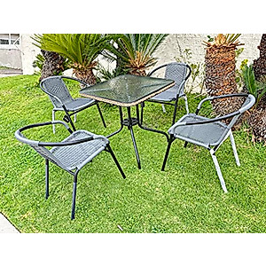 BTEXPERT Indoor Outdoor 28" Tempered Glass Metal Trim + 4 Gray Restaurant Stack, 4 Rattan Chairs with a Square Table, Grey