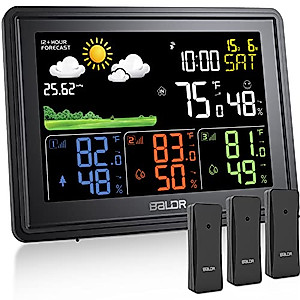 BALDR Weather Station 3 Sensors, Weather Stations Wireless Indoor Outdoor Thermometer, Color Display Wireless Weather Forecast Station, Temperature Humidity Monitor with Digital Atomic Clock(Black)