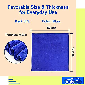 AutoGo 16x16 Inch Pack of 3 Versatile Microfiber Cleaning Cloth, High-Absorbent Lint-Free Streak-Free Towel for Car, House, Kitchen, Window, etc.