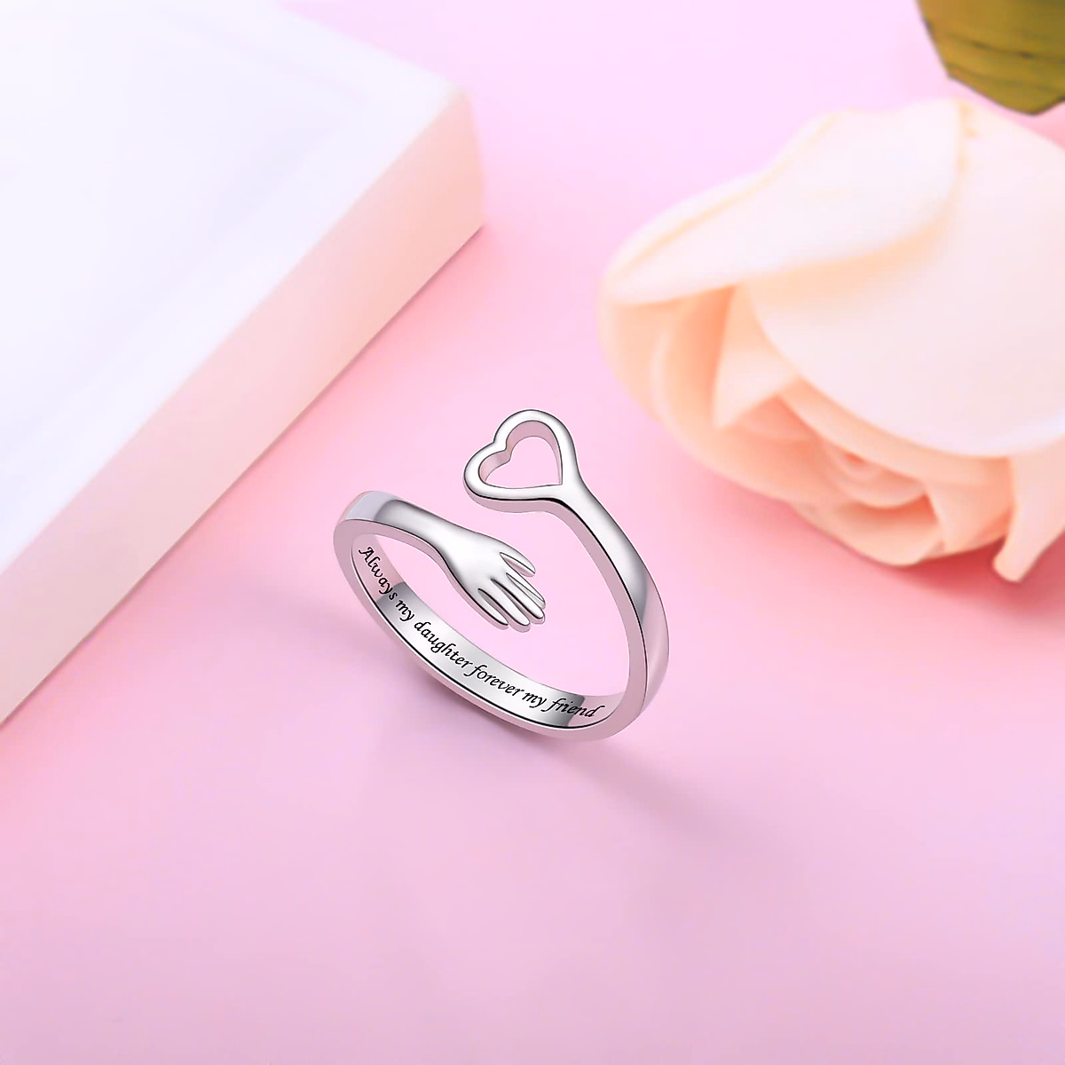 ACJFA I Love You Forever Love Heart Hug Ring Sterling Silver Women Mother Gift Sister Gifts Hugging Hands Adjustable Wrap Open Rings Friendship Jewelry Gift(Always my daughter forever my friend)