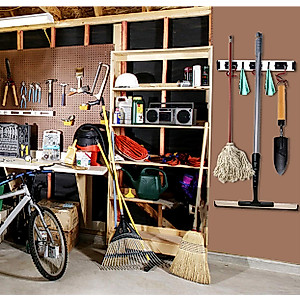 Mop Broom Holder Wall Mount QBOSO Aluminum Metal S Type Cleaning Tool Organizer Hanger Rack for Kitchen Garage Garden Holds Up to 5 Tools 17 In (3 Positions 2 Hooks Red black)