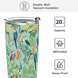 Parrots Tropical Plants Green Stainless Steel cups for hot and cold with Straw Leak Resistant Flip coffee mug to go for café reusable flip straw tumbler 20 OZ