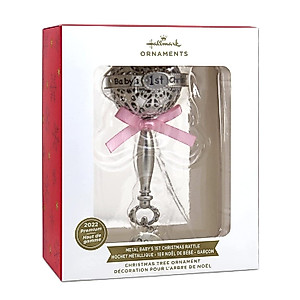 Hallmark Premium Baby's First Christmas Silver Baby Rattle with Pink Ribbon 2022 Metal Ornament with Queen of the Castle Satin Gift Bag