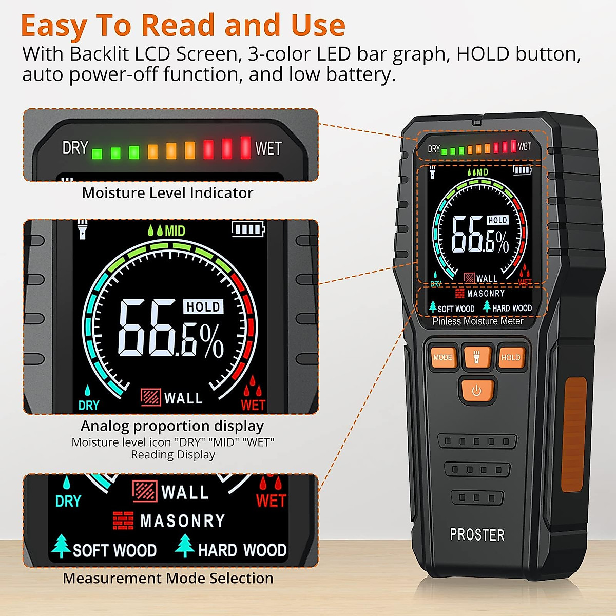 Proster Pinless Wood Moisture Meter, Non-Destructive Moisture Tester for Wood Wallboard Masonry;Detect up to 3/4 Inch Below Surface, Backlit Color LCD , Visual/Audible Alarm, with Storage Case
