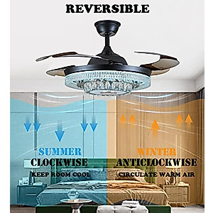 FINE MAKER 42" Bluetooth Fandelier Ceiling Fan with Light, Modern Black Reversible Chandelier Fan with RGB Light Colors Retractable Blades Light Fixture for Bedroom Living Room