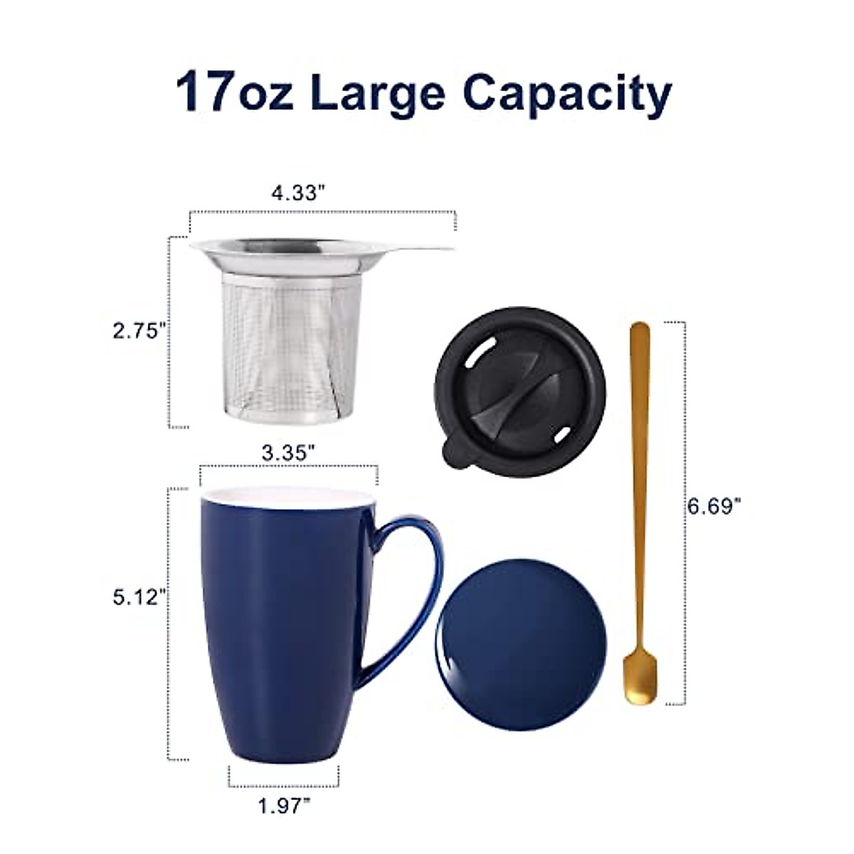 YumKubis Tea Cup with Infuser and Lid, 17 oz Large Tea Infuser Mug, Ceramic Tea Mug with 2 Lids, Tea Cups for Women, Men, Kids, Loose Tea, Gifts