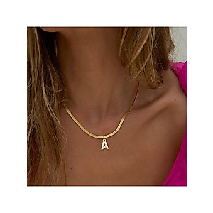 Gold Initial Necklaces For Women Trendy,Dainty 18k Gold Plated Charm Choker Necklace For Women Herringbone Chain Necklaces Jewelry A
