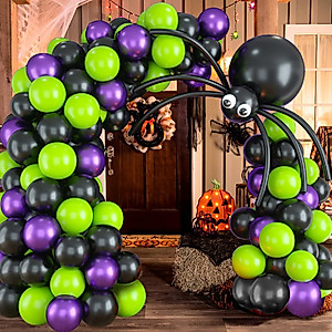 Halloween Balloon Arch Garland Kit with Big Spider DIY Balloons, Matte Black Lime Green Purple Metallic Latex Balloons Garland with Eye Balloons for Halloween Party Home Garden Outdoor Decorations