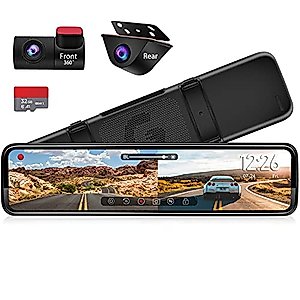 PORMIDO Mirror Dash Cam 12" with Detached Front Camera,Anti Glare Full Touch Split Screen HD 1296P,Car Backup Rear View Mirror Camera Dual Lens with Sony Sensor,Super Night Vision,Parking Assistance