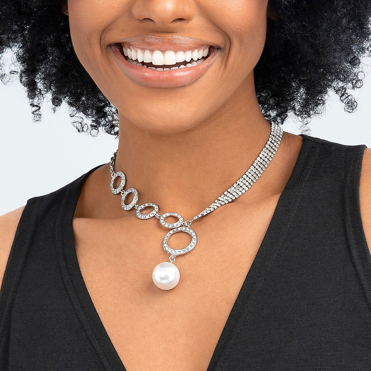 ELABEST Sparkly Rhinestone Necklace Pearl Necklace Crystal Choker Circle Necklace Trendy Tennis Chain Dainty Wedding Bridal Bridesmaid Jewelry for Women (Silver)