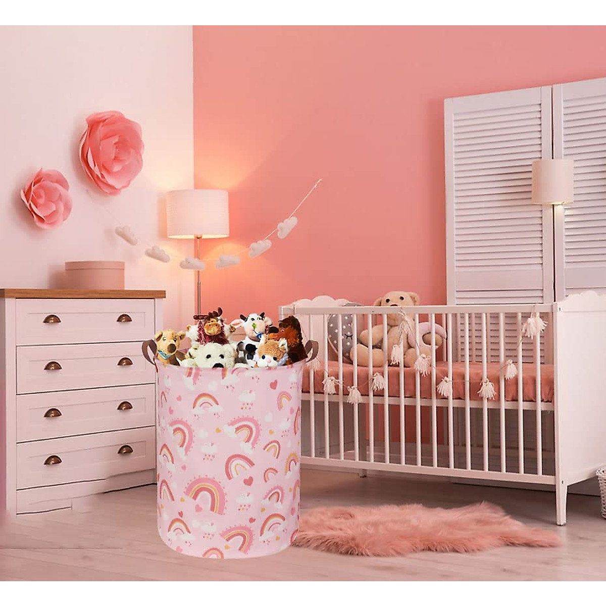 Sanjiaofen Pink Hamper,Rainbow Laundry Basket Collapsible Girls Storage Baskets for Kids Room Decor,Toy Organizer,Gift Hamper(Pink hamper) …