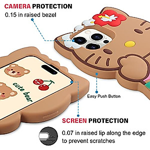 WOLLONY Cat Case 3D Cartoon for iPhone 14 Pro Max Phone Case with Bracelet Chain, Kids Girls Women Cool Fun Cute Kawaii Animal Cases Soft Silicone Funny Character Unique Protective Cover, Brown/Pink
