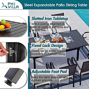 PHI VILLA 9 Piece Outdoor Extendable Dining Set for 8, Expandable Rectangular Metal Dining Table & 8 Rattan Chairs for Patio, Deck, Yard