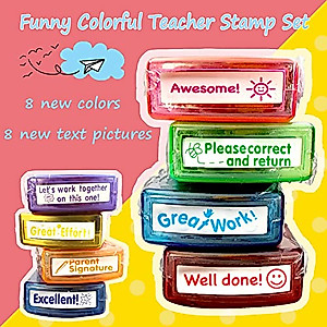 Bertiveny Teacher Stamps for Grading Classroom，Parent Signature Self-Inking Teacher Stamp Set School Supplies Stamps for Homework Reward with 8 pcs Teacher Supplies for Classroom Elementary(Rainbow)