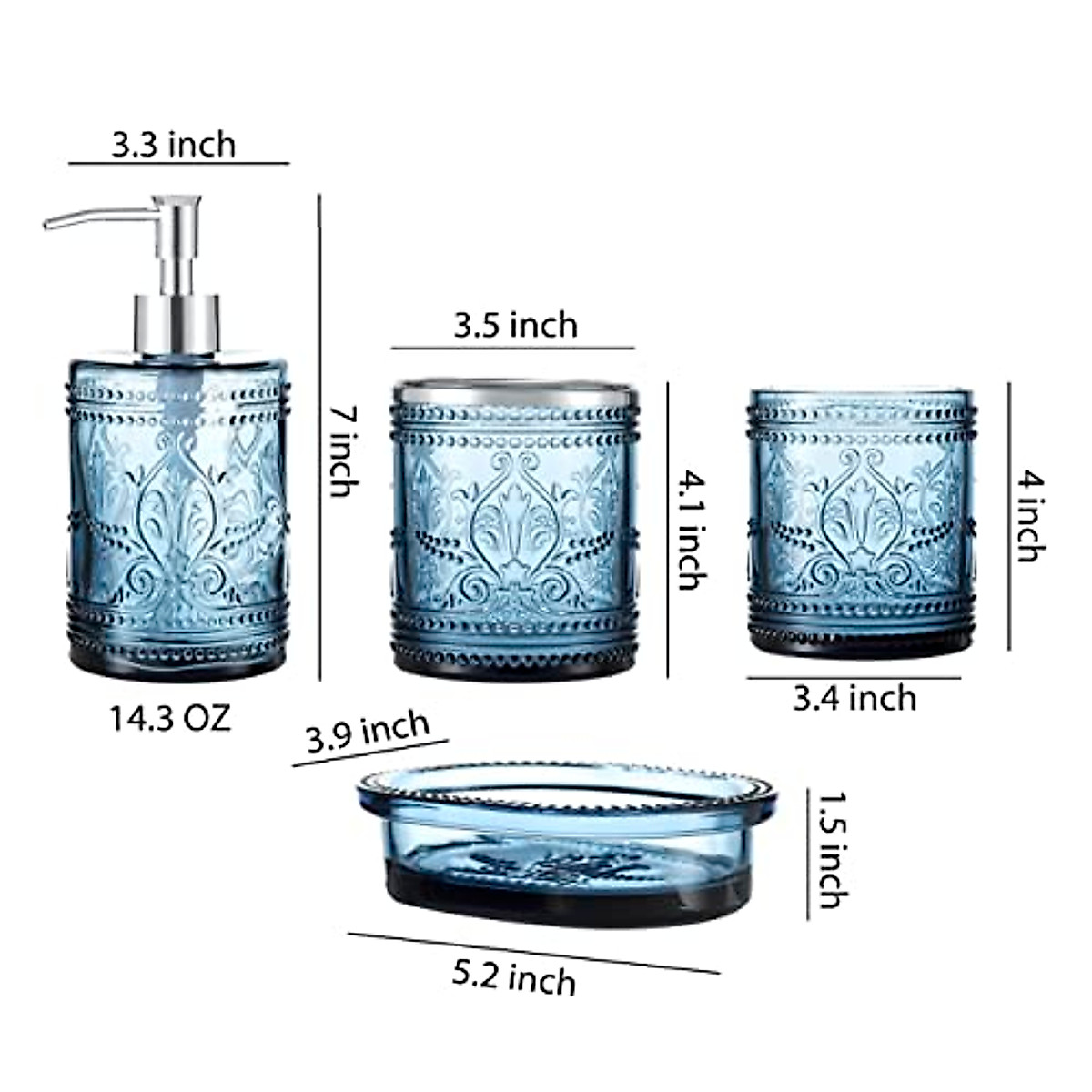 4PCs Dark Blue Glass Bathroom Accessories Set with Decorative Pressed Pattern - Includes Hand Soap Dispenser & Tumbler & Soap Dish & Toothbrush Holder