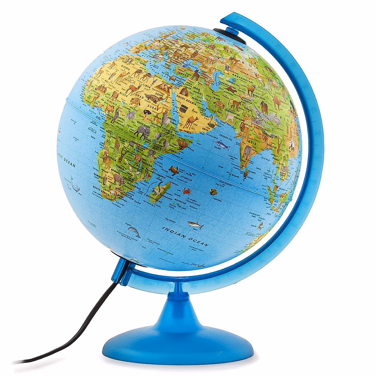 Waypoint Geographic Safari Explorer Animals Globe, World Globe, Illuminated Desktop Globe with Blue Physical Earth and 100s of Illustrated Animals