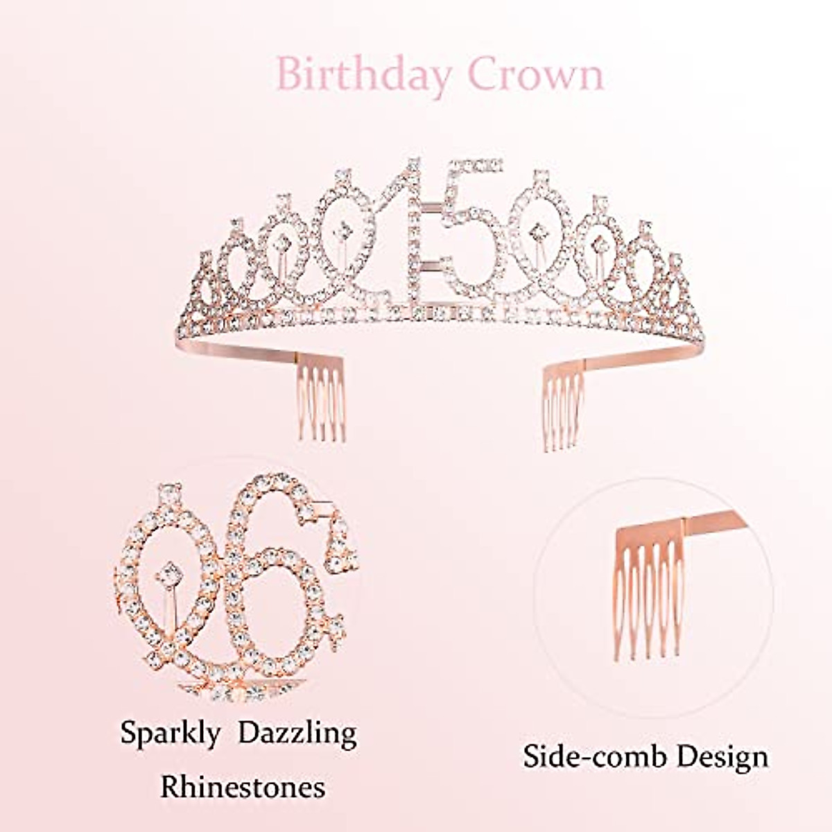 15th Birthday Decorations for Girls，Rose Gold 15 Birthday Crown Tiara ，Cake Topper, Birthday Sash with Peal Pin and Birthday Candles Kit,15th Birthday Gifts for Girls