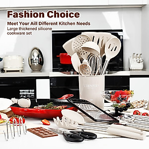 NCUE Kitchen Utensils Set, 35 Pcs Silicone Cooking Utensils Set with Holder, with Stainless Steel Handle Spatula Set, Spoons, Pasta Server, Cheese Grater, Masher, Scissors, Dishwasher Safe (Khaki)