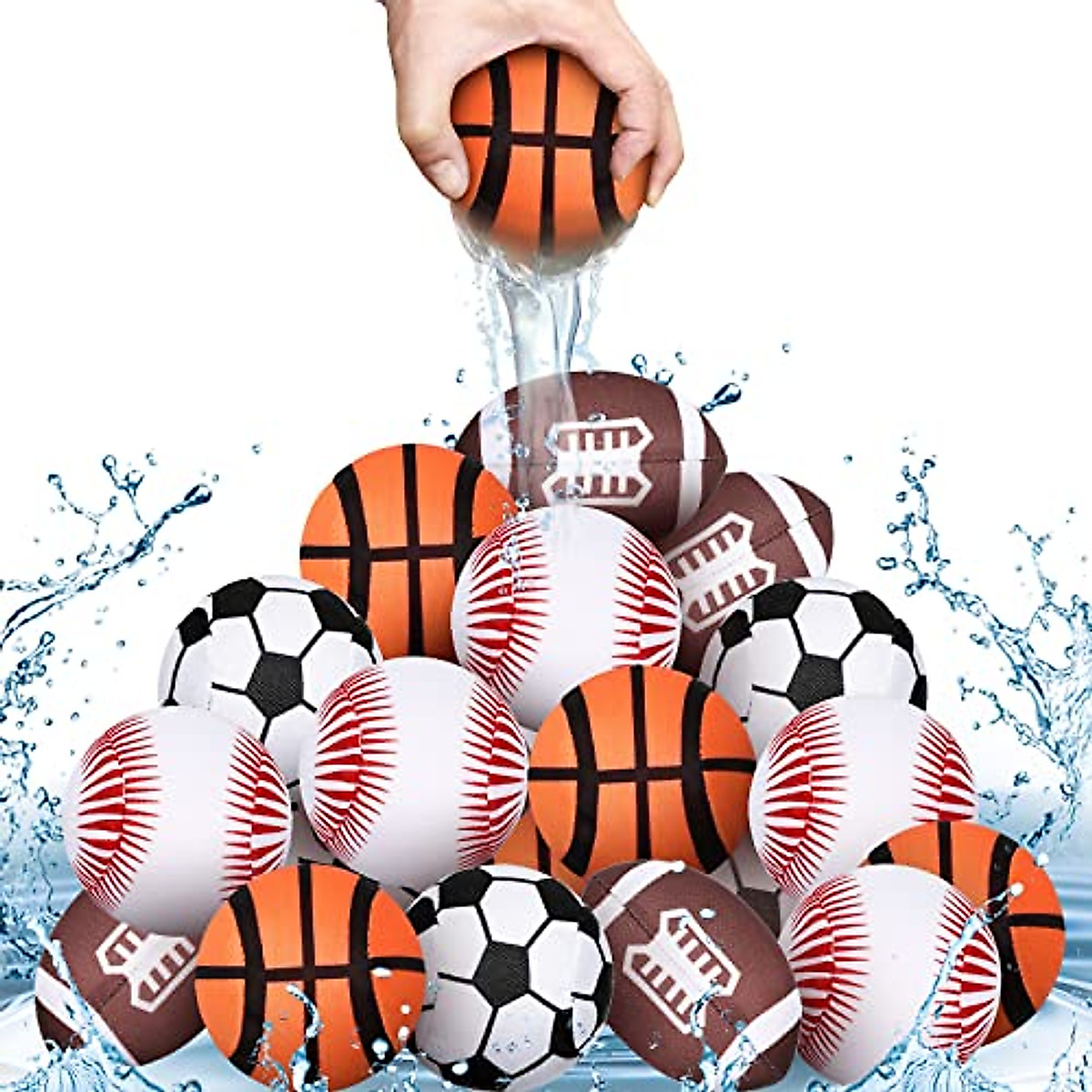 Leyndo 24 Pcs 2 Inch Water Pool Balls Toys Summer Soft Bomb Ball Sport Theme Absorbent Ball for Pool Swimming Beach Soaking Game Kids Party Activities, Baseball Football Soccer Beach Ball