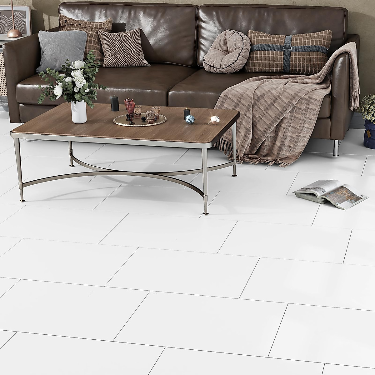 STICKEEP White Peel and Stick Floor Tile Waterproof 12&quot;x24&quot; Sheet Vinyl Flooring Peel and Stick Bathroom Floor Tile Stickers Linoleum Flooring Self Adhesive Floor Tiles Vinyl for Bedroom Kitchen 4 PCS