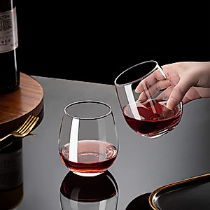 eventpartener Stemless Wine Glasses, 15 oz Crystal Wine Glasses Set of 6 wtih 2 Wine Bottle Stoppers, Drinking Glasses, Smooth Rim Wine Elegant Glass Tumbler for Red and White Wine, Cocktail, Juice