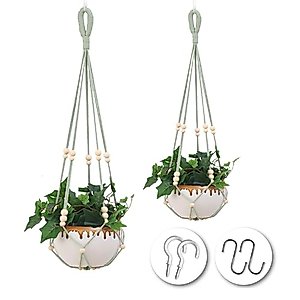 LSEYKRMH 2 Pack Macrame Plant Hangers No Tassel,Hanging Baskets with Wood Bead Hanging Planter Holders No Tail for Indoor Outdoor Plants Holders with Trays & Hooks 24"/31" (Green)