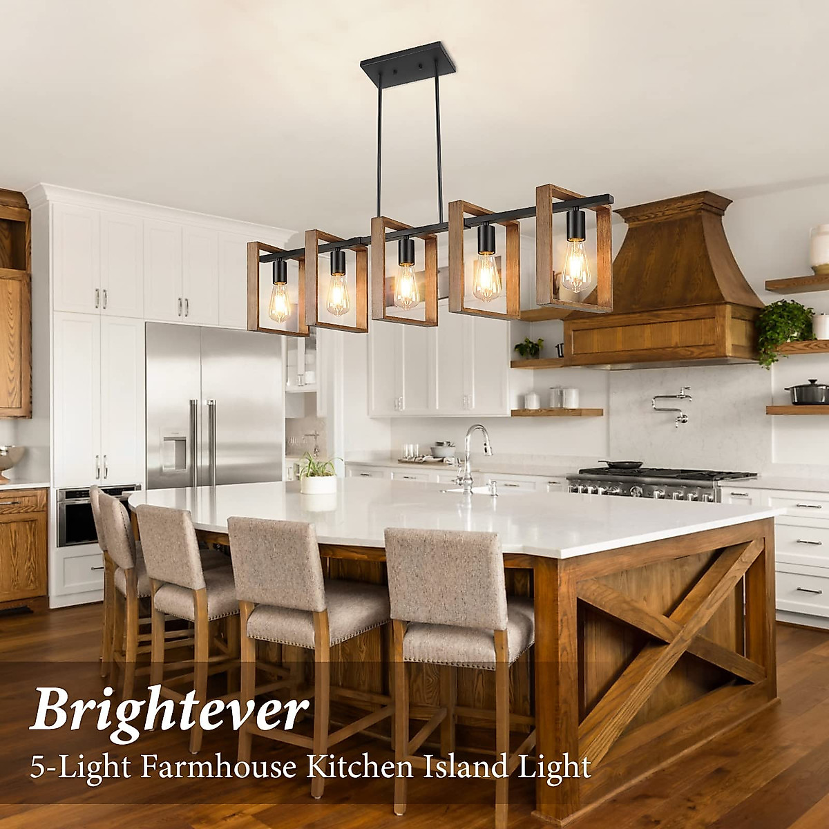 53’’ Farmhouse Kitchen Island Lighting, 5-Light Adjustable Dining Room Light Fixtures, Rustic Wood Chandeliers Black Hanging Light Fixtures for Kitchen, Pool Table Lights, Bulbs Not Included