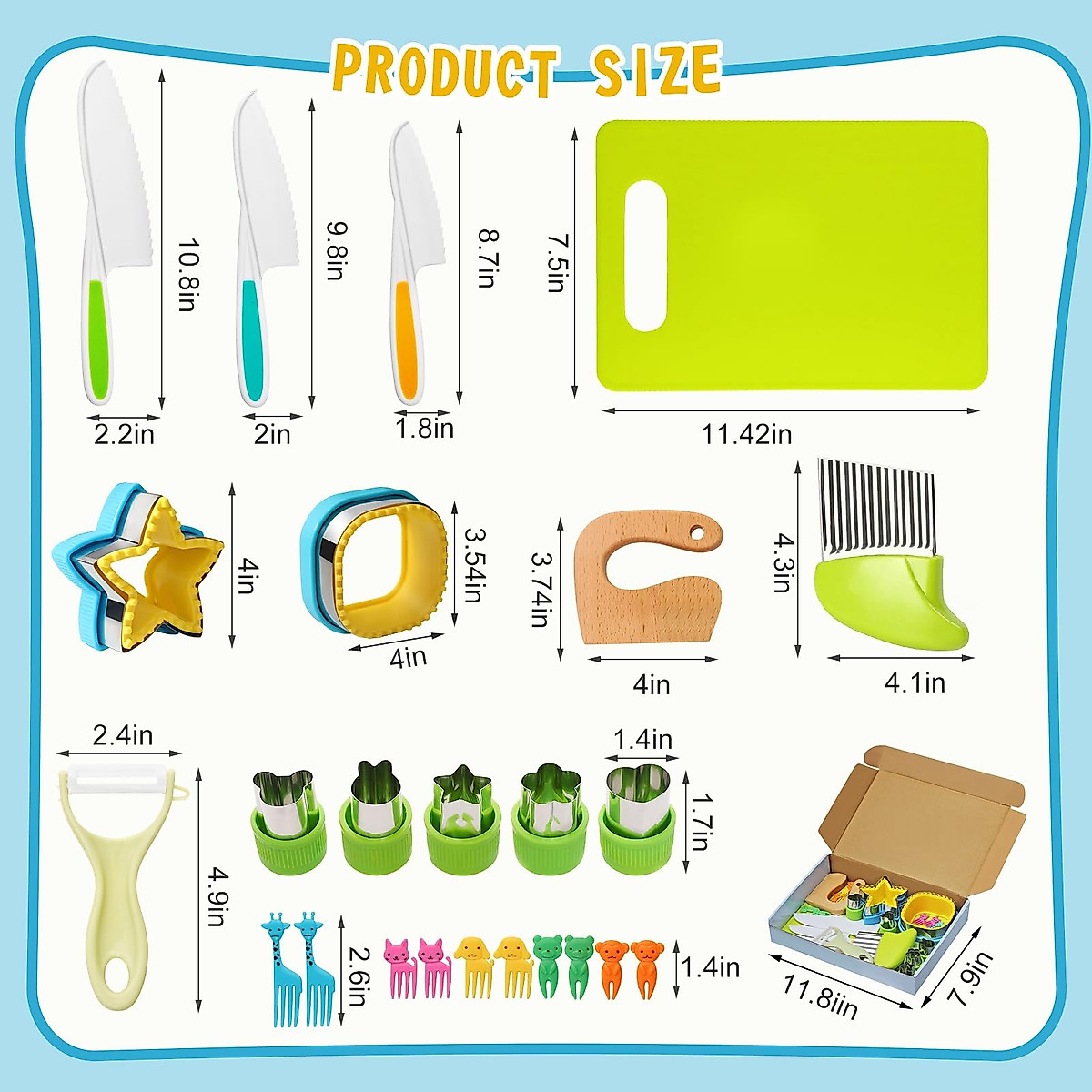 Baokcotei 24 Pieces Safe Kids‘ Kitchen Knife Set for Cooking and Baking Wooden Toddler Knives with Cutting Board Fruit Vegetable Crinkle Cutter Y Peeler Sandwich Cutter Bento Box