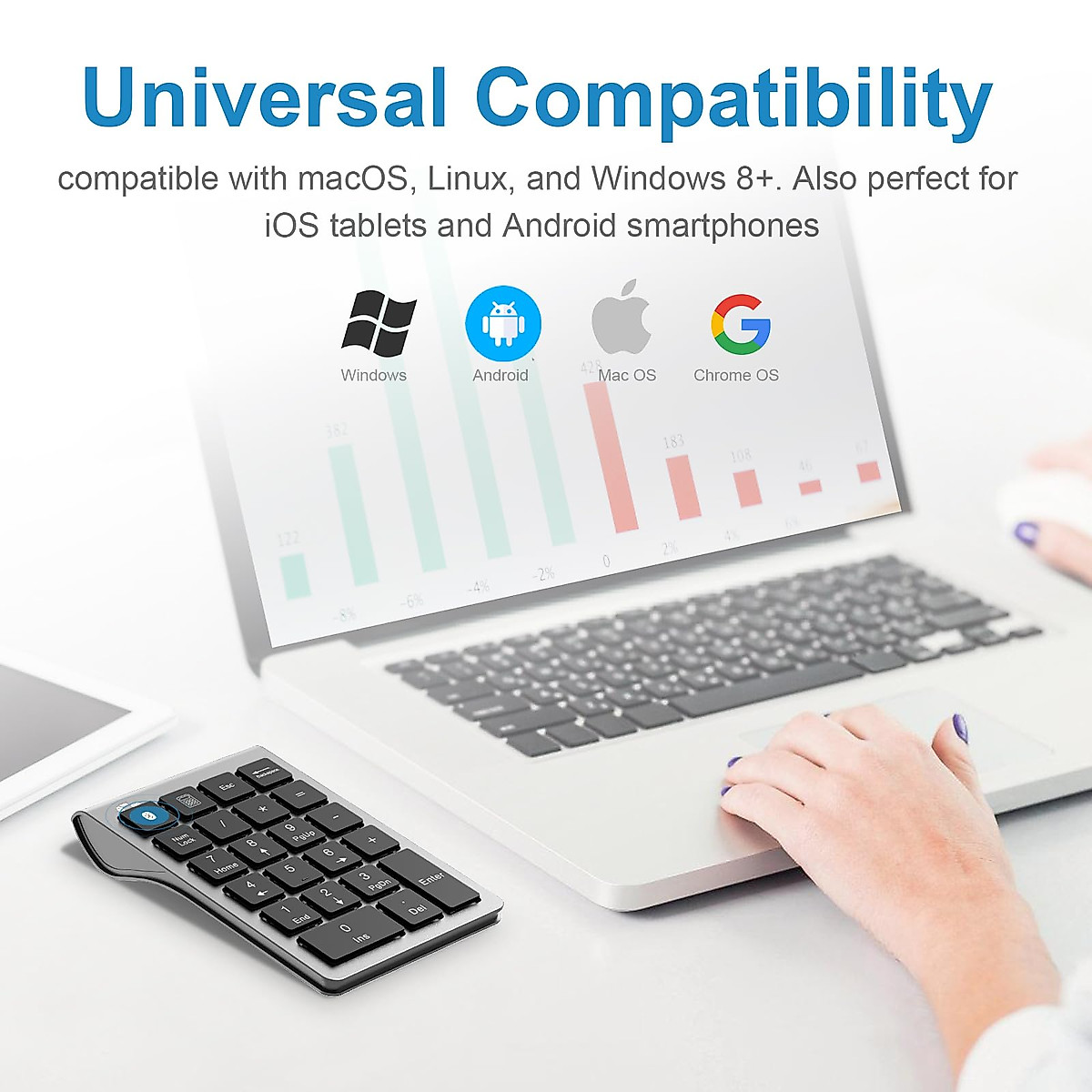 Bluetooth Number Pad Wireless & Wired 10 Key USB Keypad Two in One, Rechargeable Numpad for Laptops, Desktop, Computers Accessories Compatible with MacBook iPads ChromeBook EliteBook Notebook etc.