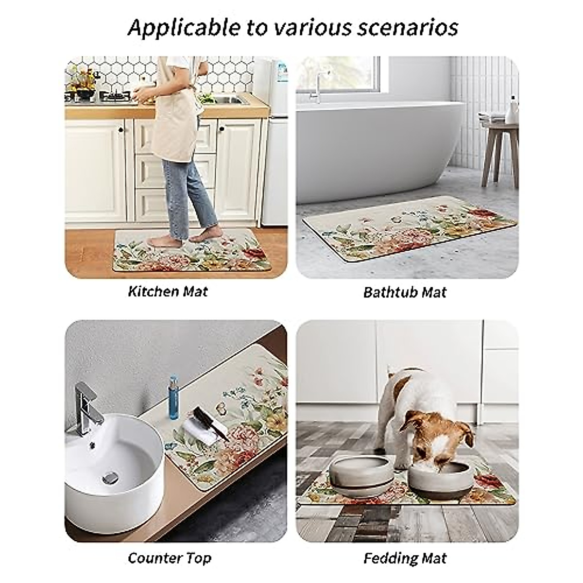 Retro Flowers Bath Mat for Tub,Non Slip Bathroom Floor Runner Rug Quick Dry & Absorbent Diatomaceous Earth Kitchen Shower Sink Washable Doormat,Rustic Fall Winter Rose Florals Spring Plant 20"x32"