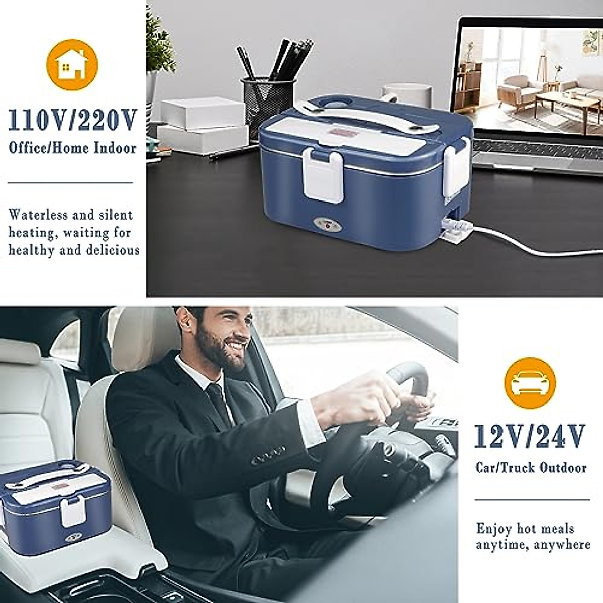 AosFero Electric Lunch Box Food Heater,80W 1.8L Large Portable Heated Lunch Boxes for Adults,12v/24v/110v Suitable for Car Truck & Office(Blue,Upgraded)