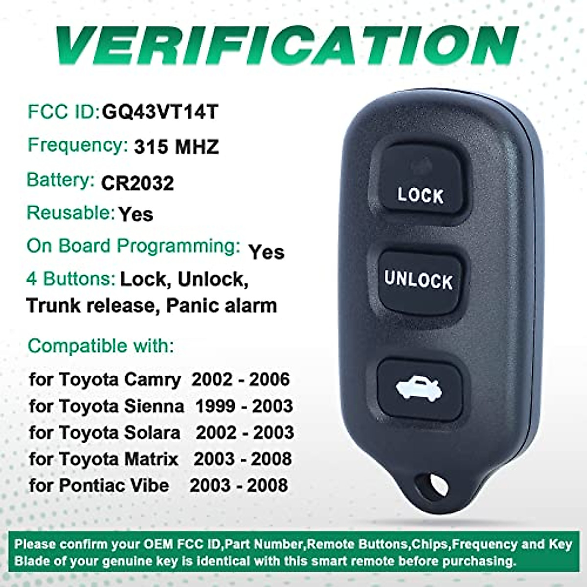 Beefunny Remote Control Car Key Fob 315MHz for Toyota Camry Solara 2002-2006 FCC ID: GQ43VT14T (1)