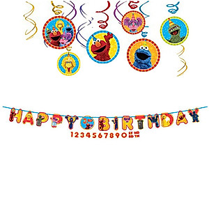 Mega Sesame Street Elmo Party Supplies with Tableware, Candle, Cutlery, Birthday Banner , Decoration for 16 by AMSCAN
