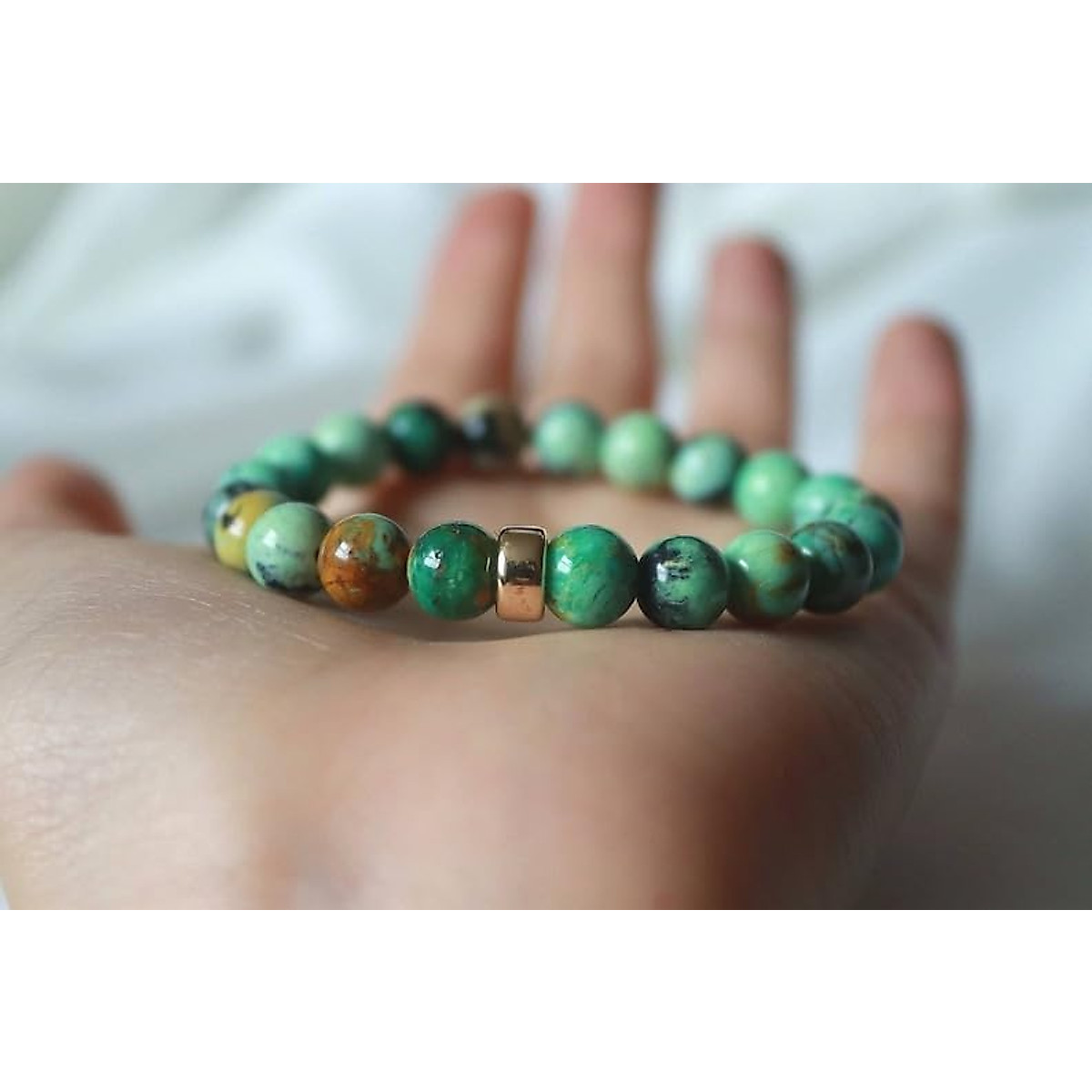 LKBEADS Natural Rare Variscite 8mm rondelle smooth 7inch Semi-Precious Gemstones Beaded Bracelets for Men Women Healing Crystal Stretch Beaded Bracelet Unisex