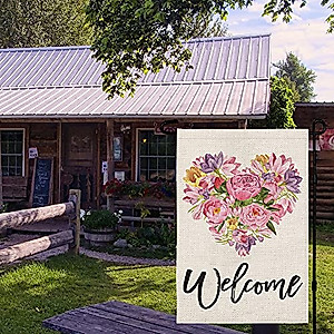 CROWNED BEAUTY Spring Garden Flag Floral Welcome 12×18 Inch Double Sided Outside Purple Flowers Heart Vertical Holiday Yard Decor
