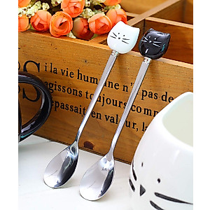 Honbay 2PCS Cute Cat Spoon Stainless Steel Tea Spoon Coffee Spoon Sugar Spoon for Cat Mug, Black and White