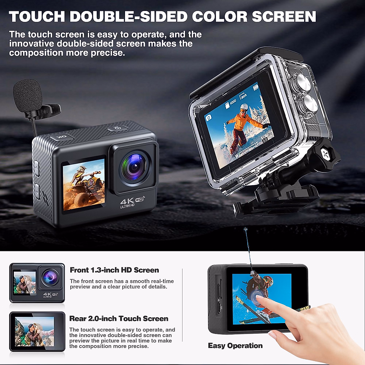 4K Action Camera, Sports Video Camera WiFi with Touch Screen Dual Screen 131FT Underwater Camera Waterproof, EIS 2.0, 170° Wide Angle, Zoom, 2 Batteries and Accessory Kits for Vlog