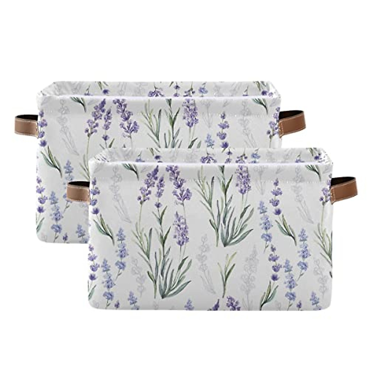 Lavender Flowers Storage Basket Fabric Storage Bin Laundry Baskets, Leaves Green Purple Foldable Storage Boxes Organizer Bag for Baby Cloth Dog Toy Book Storage Cubes Shelf Closet Basket 16×12×8