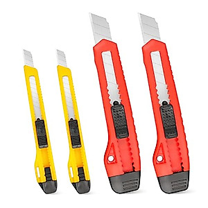ORIENTOOLS Utility Knife Box Cutter Razor Auto-lock 4-Pack Set, Retractable Box Cutter Snap Off Blades Knife, for Office, Home, Arts, Crafts, Red and Yellow