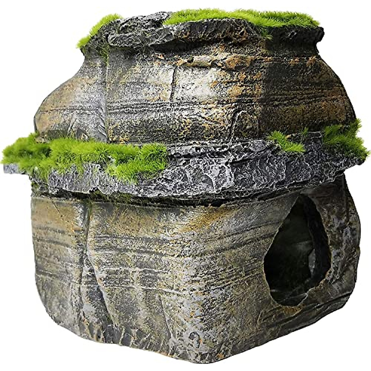 PINVNBY Aquarium Rock Cave, Hollow Fish Tank Ornament, Betta Hiding Hut Resin Mountain Landscape with Moss for Shrimps Guppies Cichlids Playing Resting