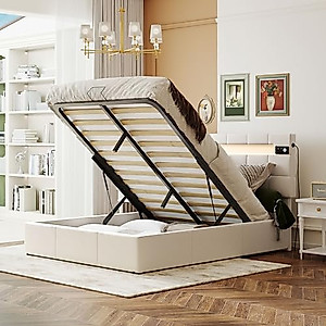 SIYSNKSI Modern Full Size Upholstered Bed with LED Light and Integrated Bluetooth Audio System, Velvet Upholstered Platform Bed with Hydraulic Storage System and USB Port, Bedroom Furniture