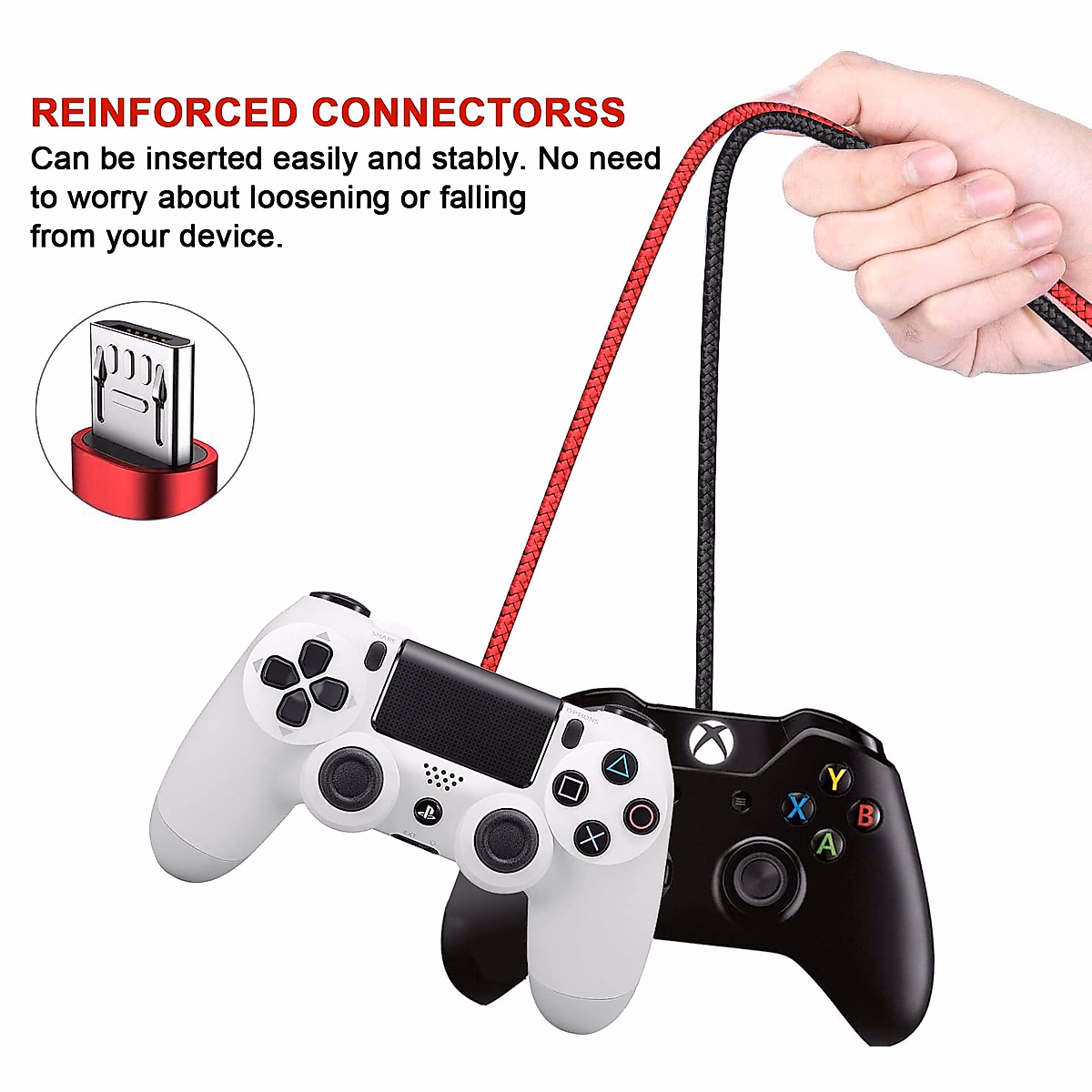 XUANMEIKE Charger Cable for Xbox One Controller, 2 Pack 10FT Super Long Nylon Charging Cable, Compatible with Xbox One S/X, PS4 Slim/Pro Controller, Android Phone (Black & Red)