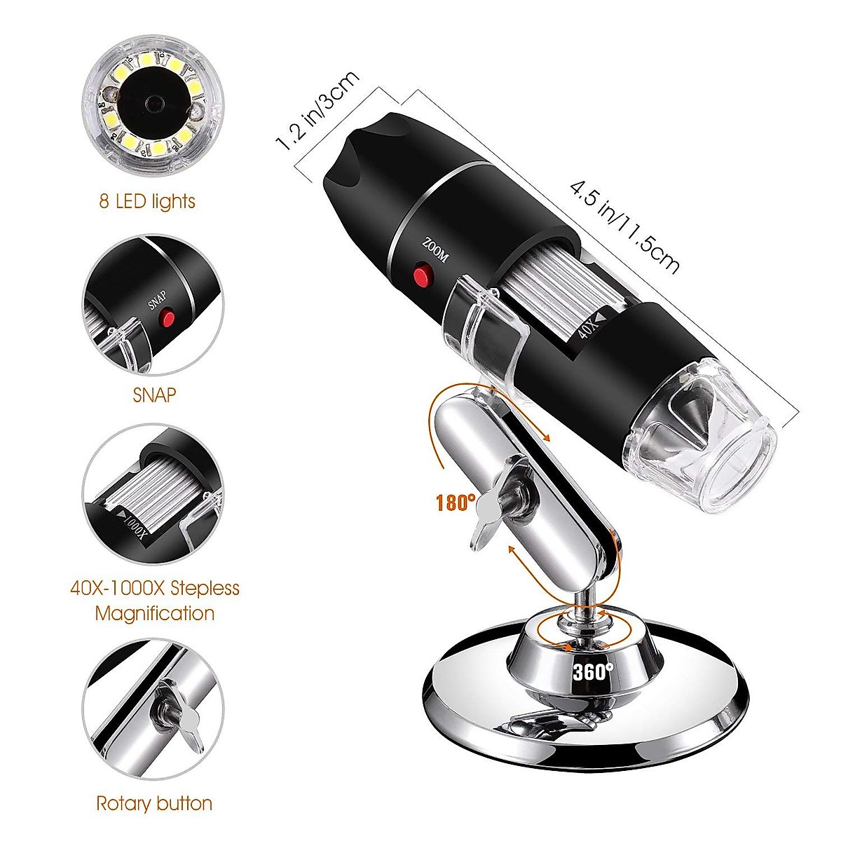 Bysameyee USB Digital Microscope 40X to 1000X, 8 LED Magnification Endoscope Camera with Carrying Case & Metal Stand, Compatible for Android Windows 7 8 10 11 Linux Mac
