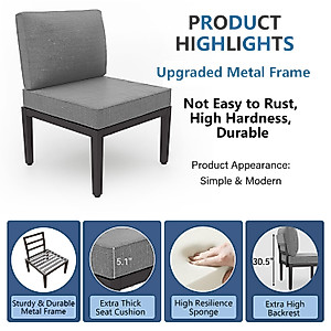 ALAULM 8 Pieces Metal Patio Furniture Set with Propane Fire Pit Table Modern Outdoor Furniture w/55000 BTU Fire Pit Patio Sectional Sofas w/5.1'' Sponge Cushions for Patio, Backyard, Poolside-Grey